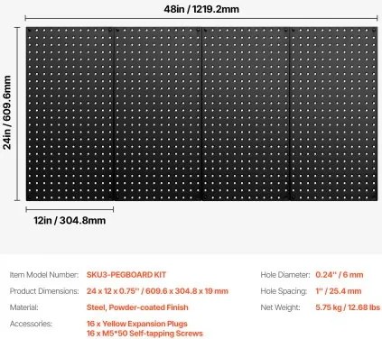 Kovové desky na hrazení 4 panely 61 × 30,5 cm nástěnný – SKU3-PEGBOARD Sada