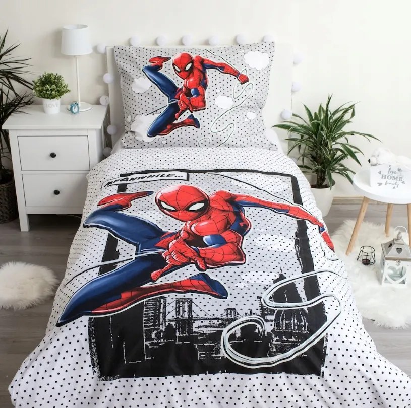 Bavlněné dětské licenční povlečení svítící ve tmě Spiderman 140x200cm / 70x90cm bílé