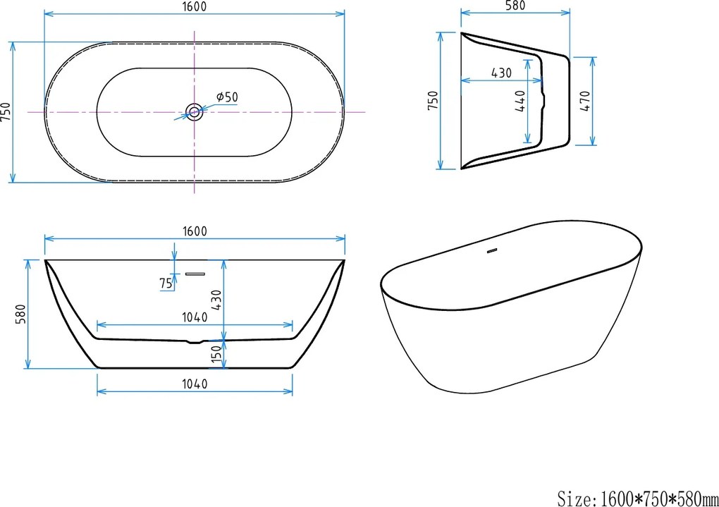 Erga Kaia, volně stojící vana 160x75 cm + odtoková zátka, bílá lesklá, ERG-Kaia-160075-WH-WH