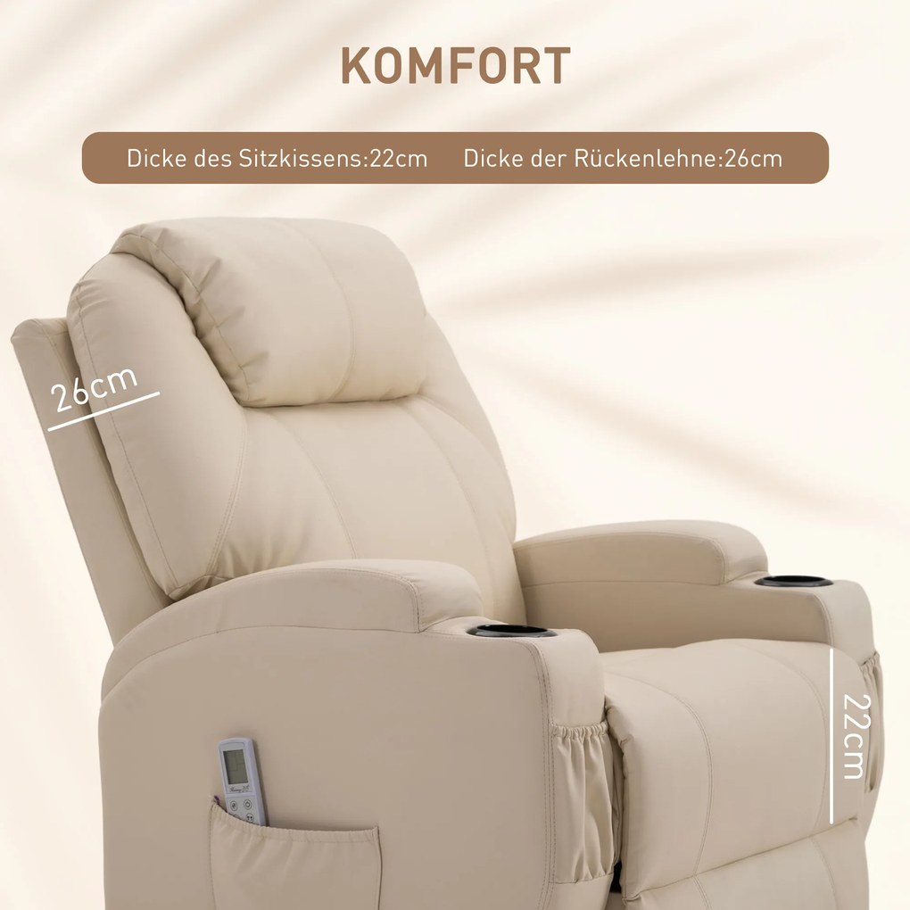 HOMCOM Elektrické polohovací křeslo, TV křeslo, masážní křeslo, masážní funkce, funkce polohování, imitace kůže, béžová barva, 82 x 97 x 110 cm | Aos…
