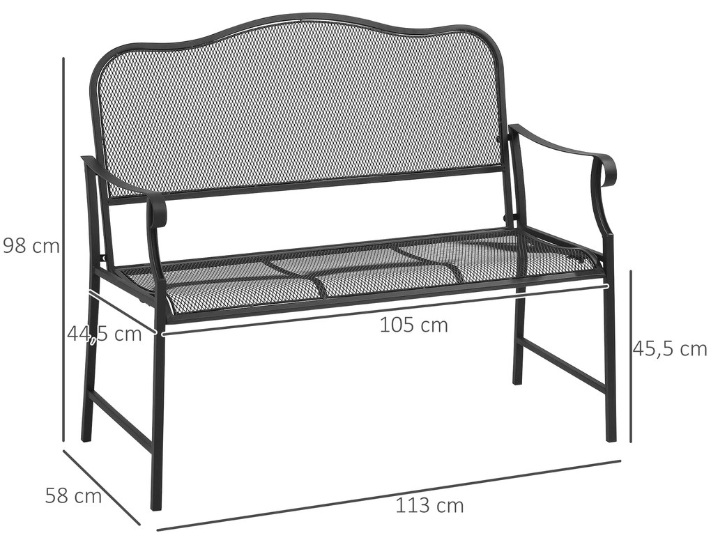 Zahradní lavička Outsunny kovová odolná proti povětrnostním vlivům 2místná lavička s opěradlem 113 cm x 58 cm x 98 cm černá | Aosom.de