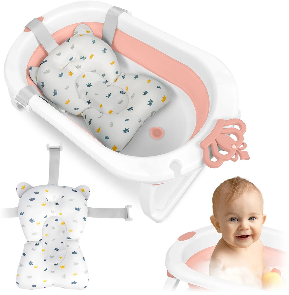 Skládací vanička pro děti a kojence s anatomickou vložkou Ricokids RK-286 v bílé a růžové barvě