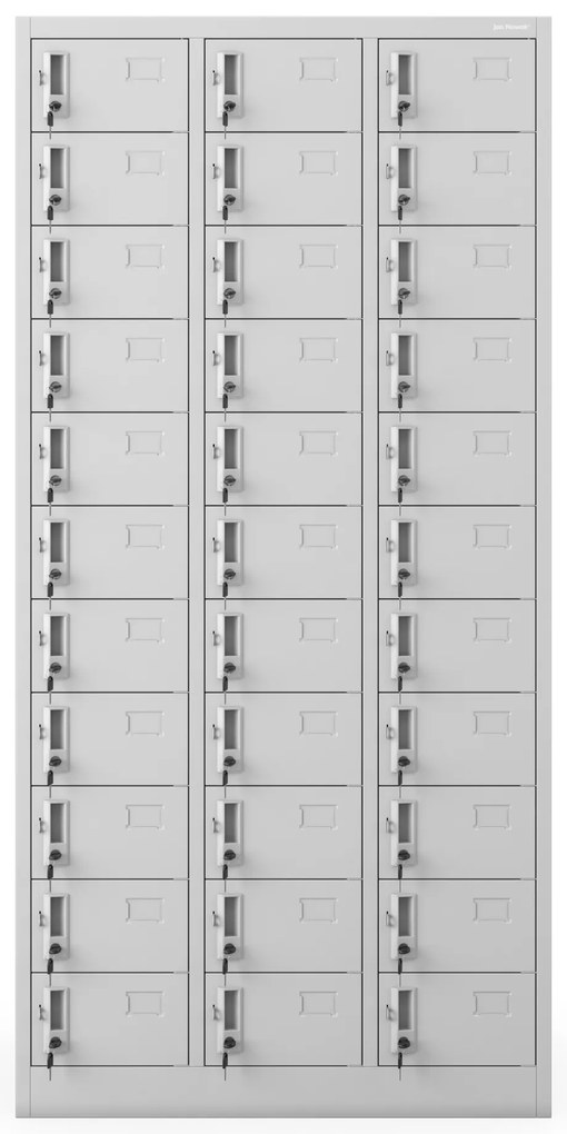 Plechová šatní skříň s 33 boxy OLIVER, 900 x 1850 x 450 mm, šedá