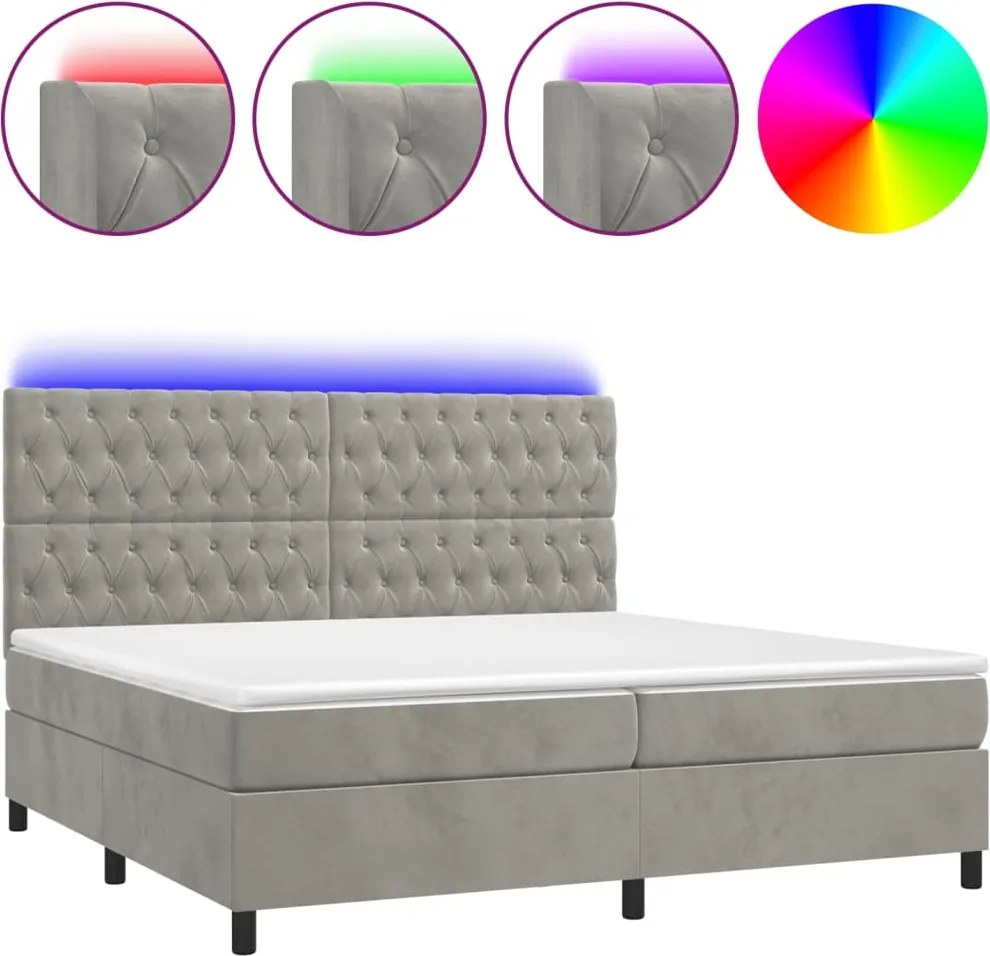 Box spring postel s matrací a LED světle šedá 200x200 cm samet 3136323