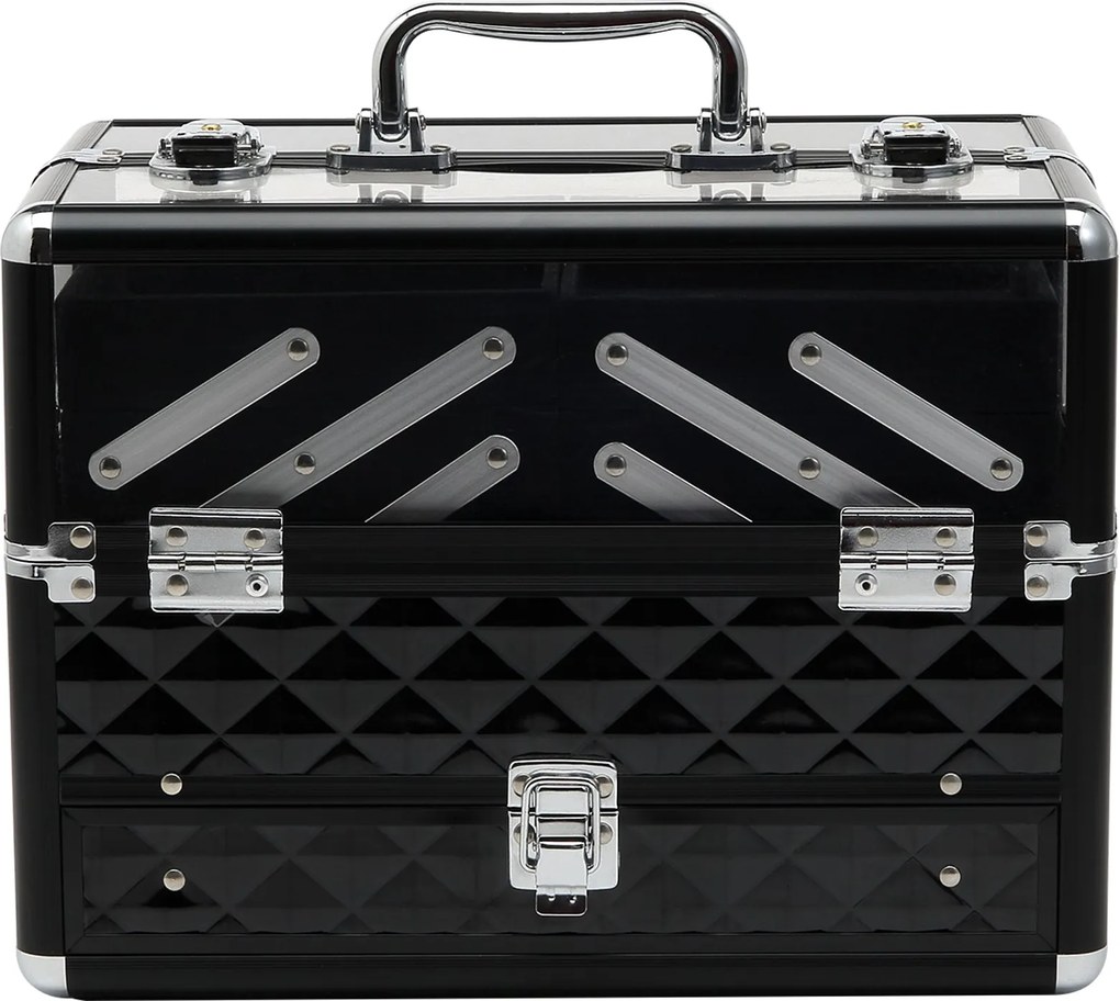 HOMCOM Organizér na make-up a šperky, přenosný, víceúrovňový s rukojetí a skládacími přihrádkami, hliníková slitina, 30x18,5x22 cm, průhledný a černý