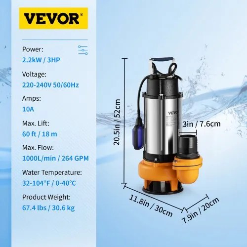 ponorné čerpadlo na vodu, 2200 W 60000 l/v, s 10 m