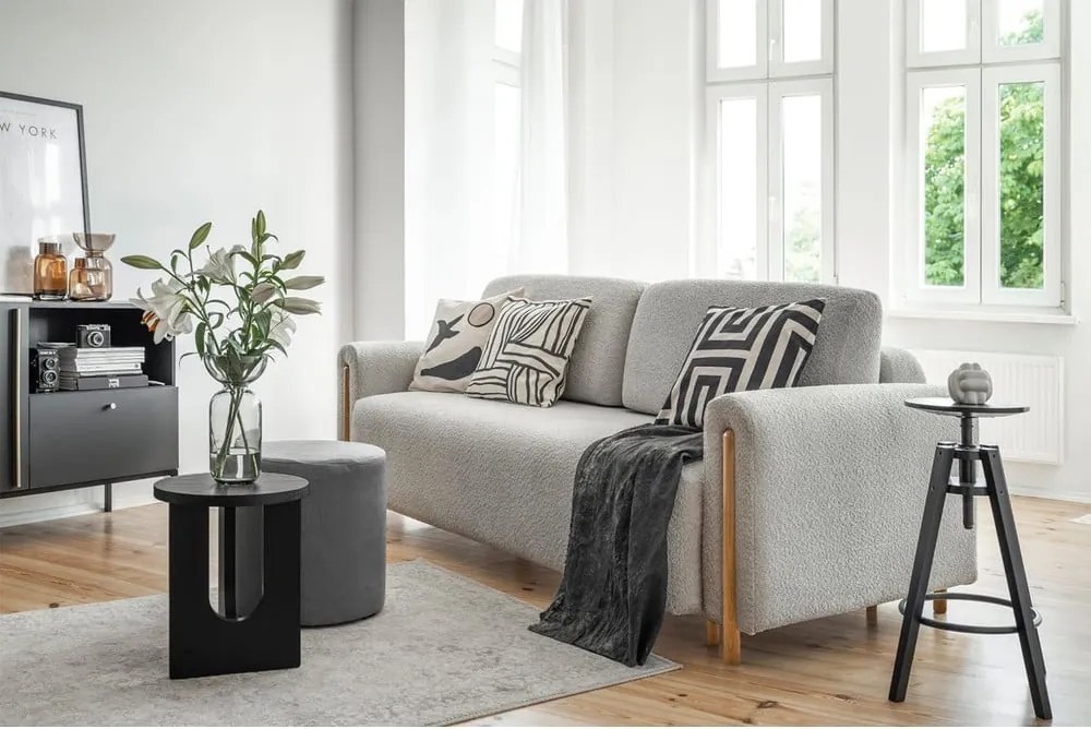 Světle šedá rozkládací/s úložným prostorem pohovka z textilie bouclé 244 cm Arcadova – ELTAP