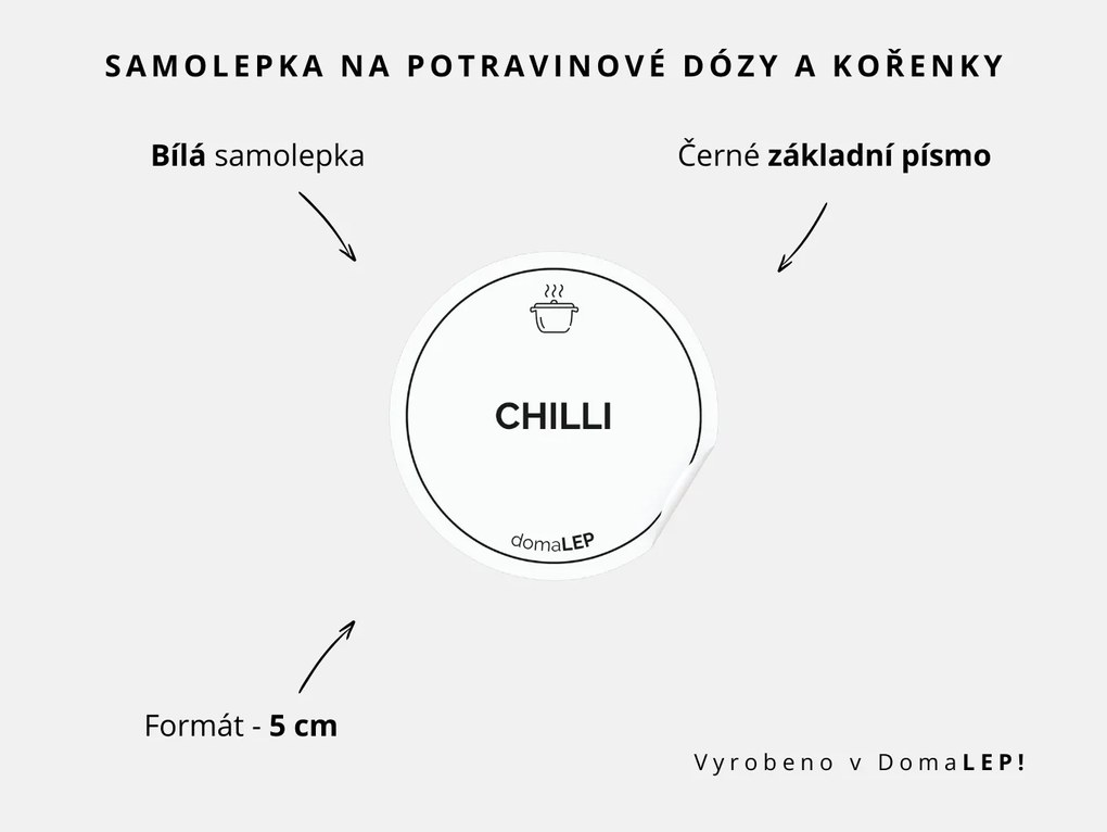 CHILLI - omyvatelná samolepka na kořenky, výběr rozměrů Ø 5 cm / 5 x 5 cm / 6 x 8 cm | DomaLEP tvar: ČTVEREC, barva: BÍLÁ - ČERNÉ písmo, velikost: š. 5 cm x v. 5 cm - tučné písmo