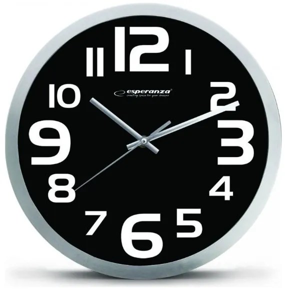 Nástěnné hodiny 25cm černé s velkými číslicemi, stříbrný okraj, na 1 baterii AA