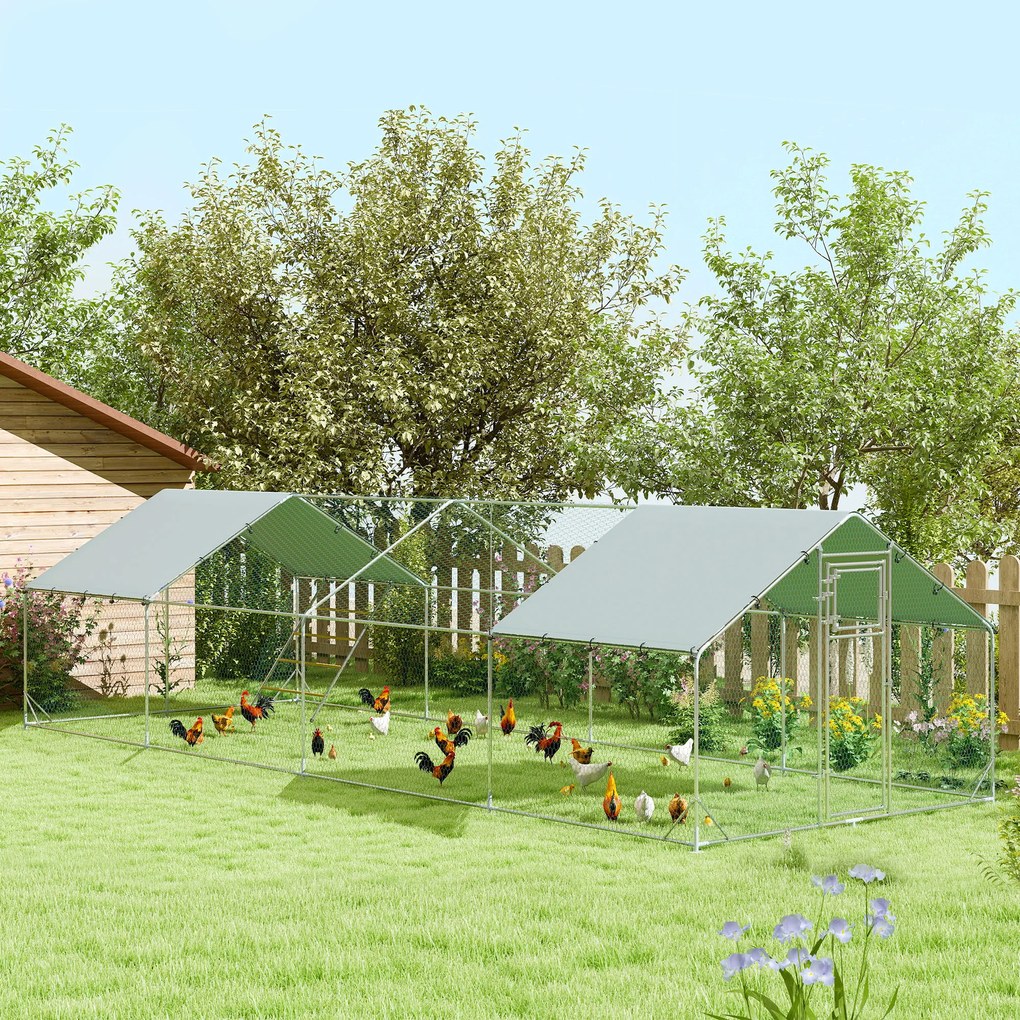 Ocelový výběh pro kuřata PawHut, 300 x 800 x 195 cm, klec pro kuřata s krytem odolným proti UV záření, dvířka na krmení, závěsné krmítko, bidýlko, vý…