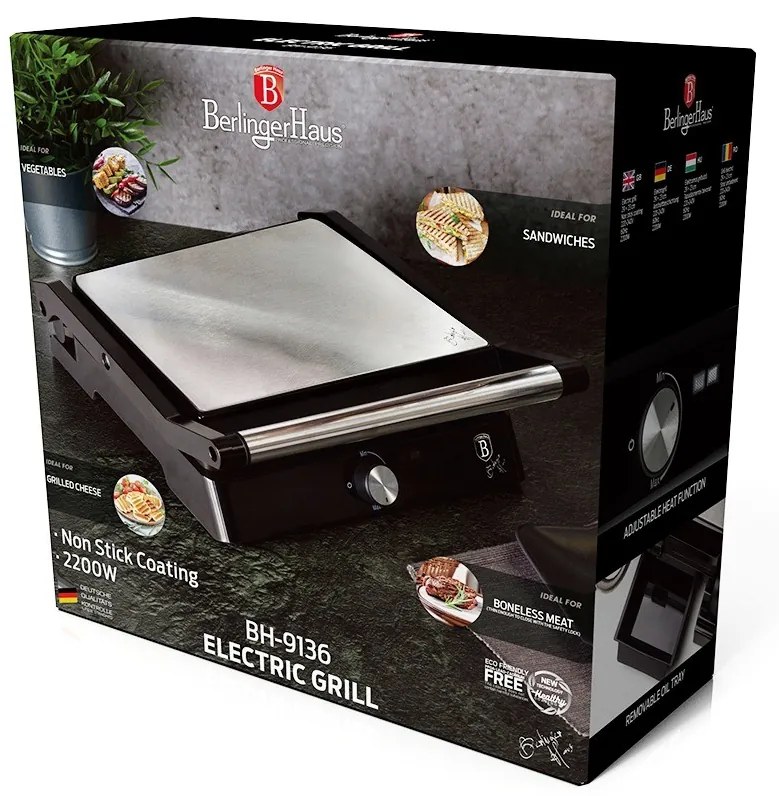 BERLINGERHAUS Kontaktní gril s nepřilnavým povrchem 2000 W Royal Black Collection BH-9136