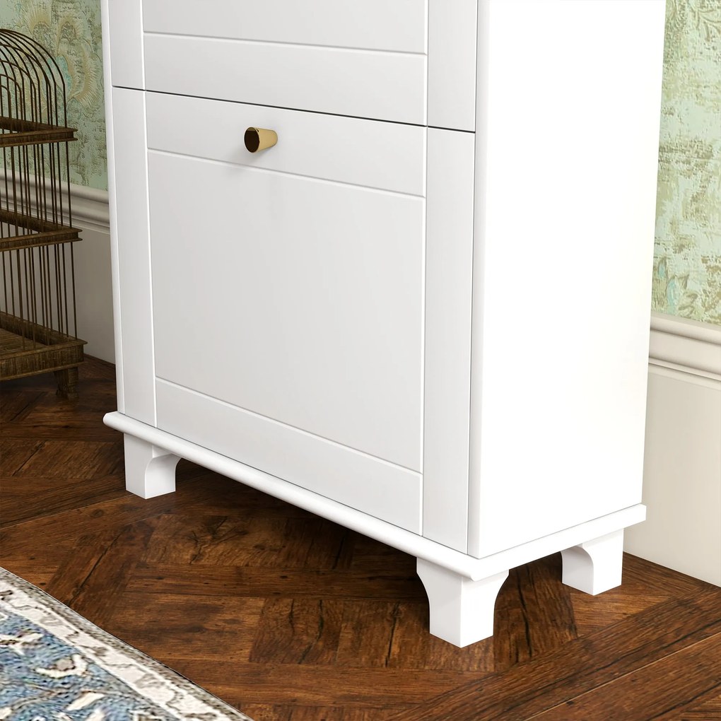 HOMCOM Úzký Botník do Předsíně se 2 Sklápěcími Zásuvkami a 1 Vyndavací Zásuvkou pro 8 Párů Bot 60x23,5x98,5 cm Bílý