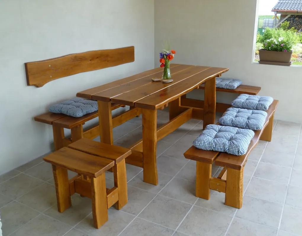 KULHÁNEK Zahradní dubová sestava - stůl, 3x lavice bez opěradla, 1x stolička (rustikální provedení) Odstín nátěru: individuální