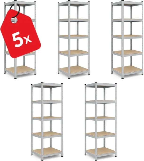 Akce 5x Regál 180x40x40 cm zinkovaný 5-policový, nosnost 875 kg