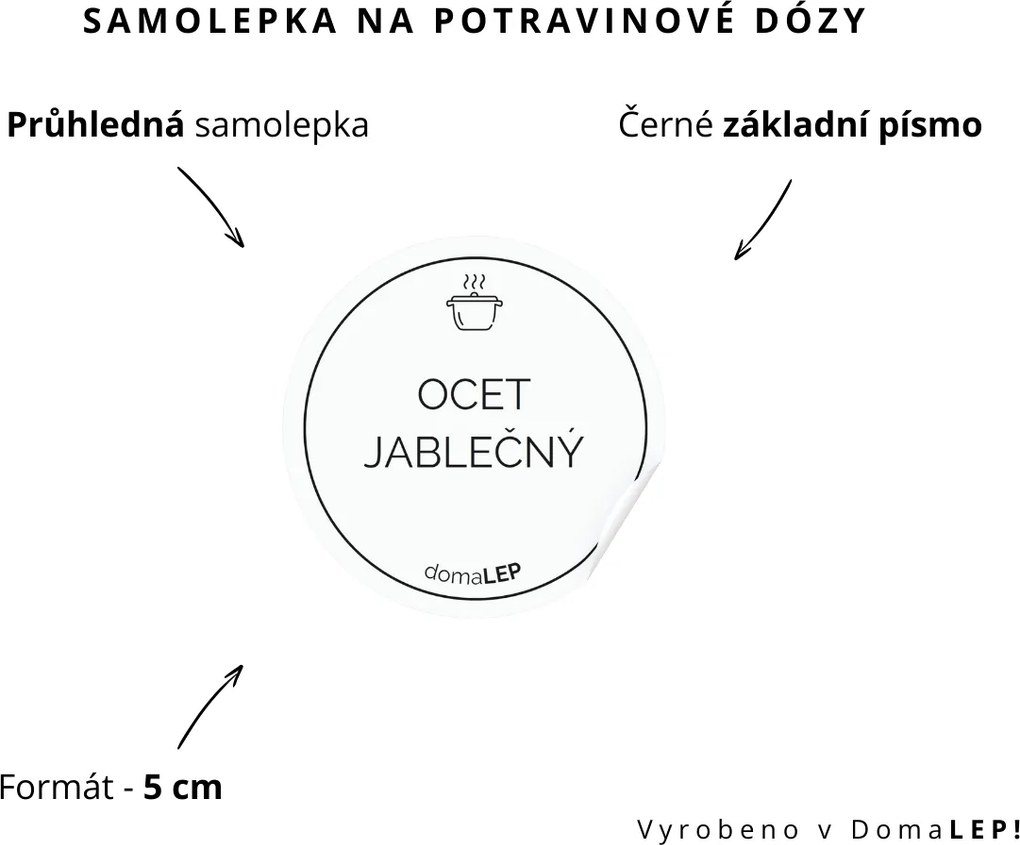 OCET JABLEČNÝ - omyvatelná samolepka na dózu, výběr rozměrů Ø 5 cm / 5 x 5 cm / 6 x 8 cm | DomaLEP tvar: ČTVEREC, barva: PRŮHLEDNÁ - ČERNÉ písmo, velikost: š. 5 cm x v. 5 cm - základní písmo
