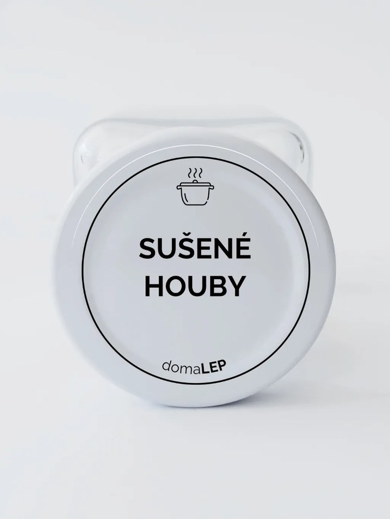 Samolepka na kořenky SUŠENÉ HOUBY průhledná 5 cm tučné písmo