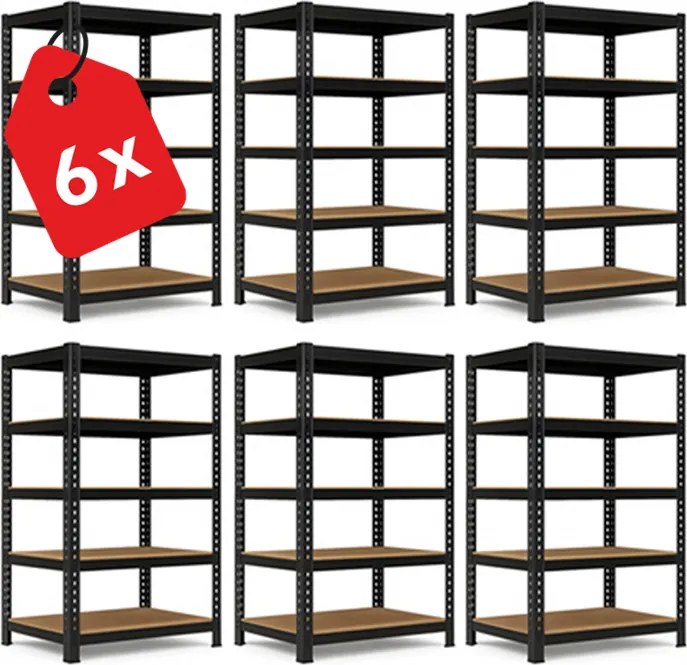 Regál 216x120x50 cm profesionální 5-policový, nosnost 2000 kg - černý - 6ks