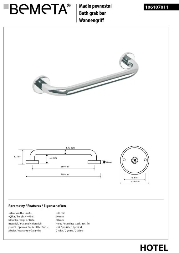 Bemeta Design Madlo, 340 mm, nerez, lesk - 106107011