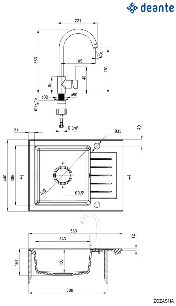 Deante Dřez Zorba s dřezovou baterií, granit -  černý