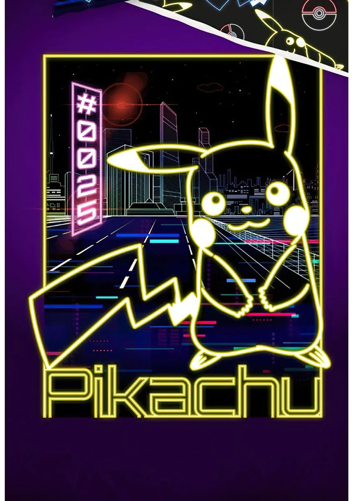 Carbotex dětské povlečení POKÉMON PIKACHU NEONOVÁ SHOW SVÍTÍCÍ EFEKT, tmavě fialové, bavlna hladká, 140x200cm + 70x90cm