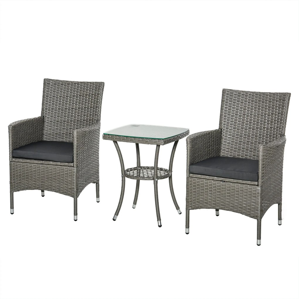 Souprava zahradního nábytku Outsunny Poly Rattan, venkovní lounge nábytek na balkon pro 2 osoby, 3-dílná sedací souprava, 2 křesla, stůl a polstry, za