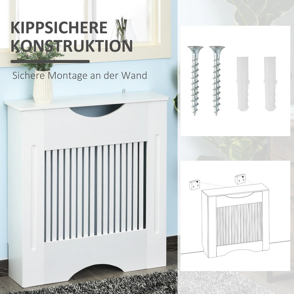 HOMCOM Kryt Radiátoru 78x19x82 cm Moderní MDF Kryt Radiátoru se Skladem Zatížení 10 kg a Protipádovým Zařízením pro Obývací Pokoj Ložnici Bílý