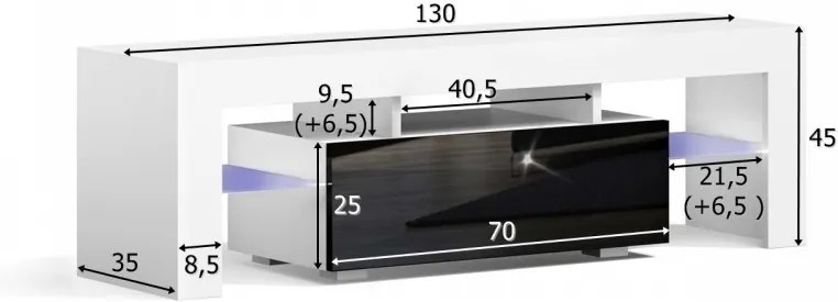 Mazzoni TV stolek MILA lesk 130 LED bílá, černá zásuvka