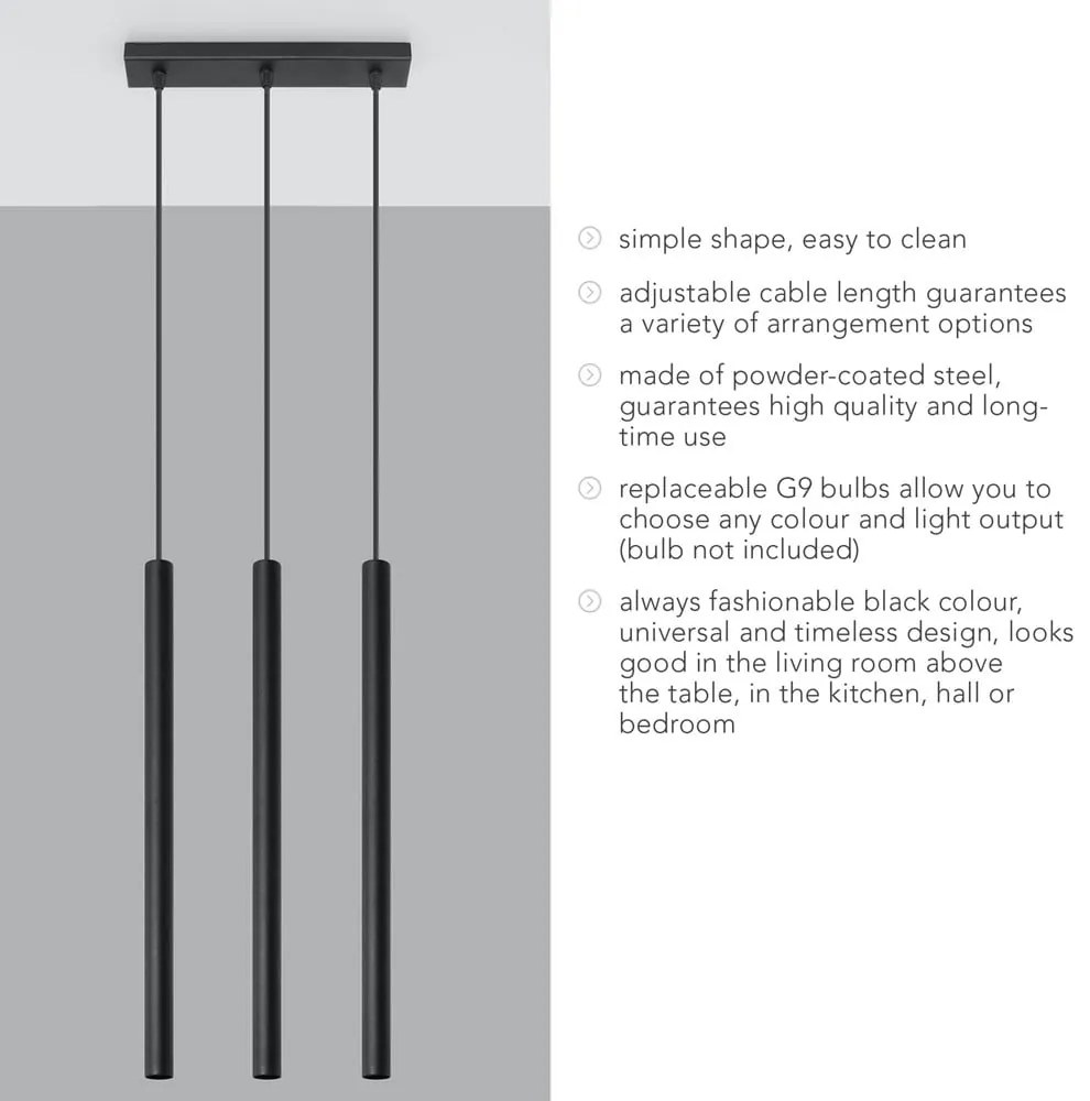 Černé závěsné svítidlo Sollux Fideus, délka 30 cm
