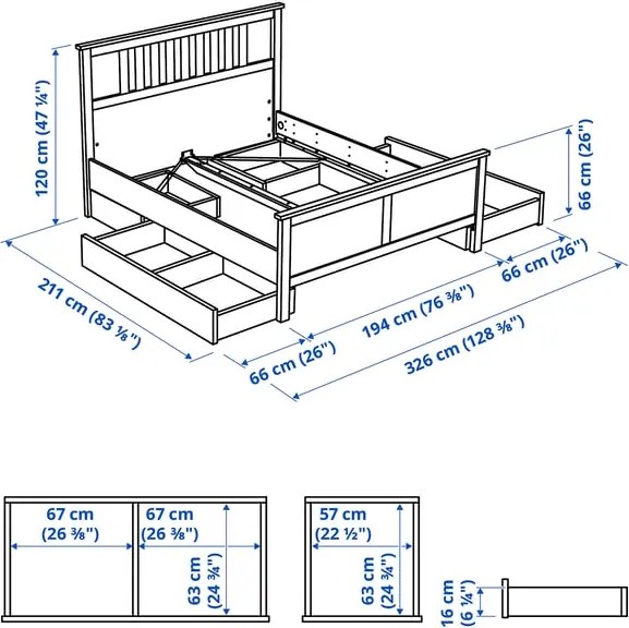 HEMNES Rám postele se 4 úl. díly, bílé mořidlo/Lönset, 180x200 cm