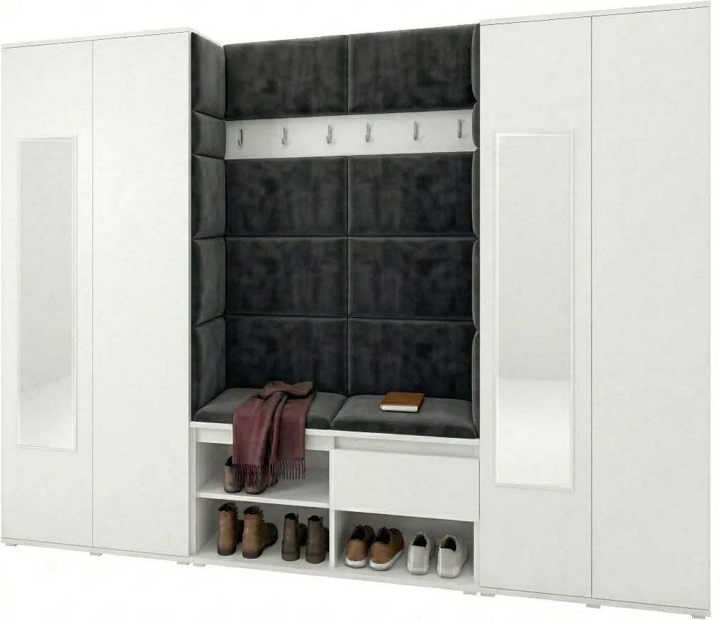 Předsíňová stěna Trinity 10 s čalouněnými panely, 280 cm, bílá / tmavě šedá