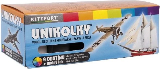 Teddies Unikolky modelářské barvy sada 9 barev + matný lak zdarma v krabičce