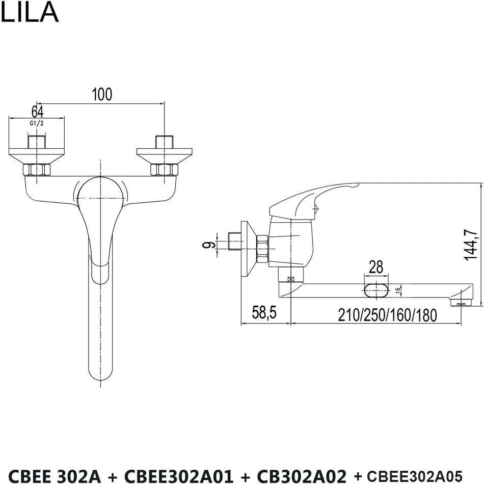 Mereo Mereo, Dřezová nástěnná baterie, Lila, s ramínkem plochým rovným, chrom, CBEE302A05