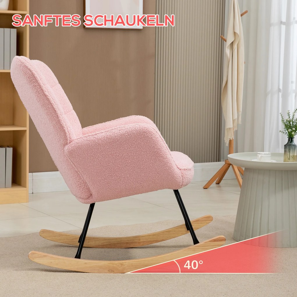 HOMCOM Houpací křeslo Akcentní křeslo Relaxační křeslo do obývacího pokoje, do 120 kg, imitace jehněčí kůže, růžové