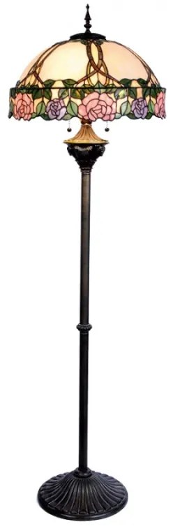 Stojací lampa Tiffany Prunellie růžovo zelená s motivem růží – 164 cm