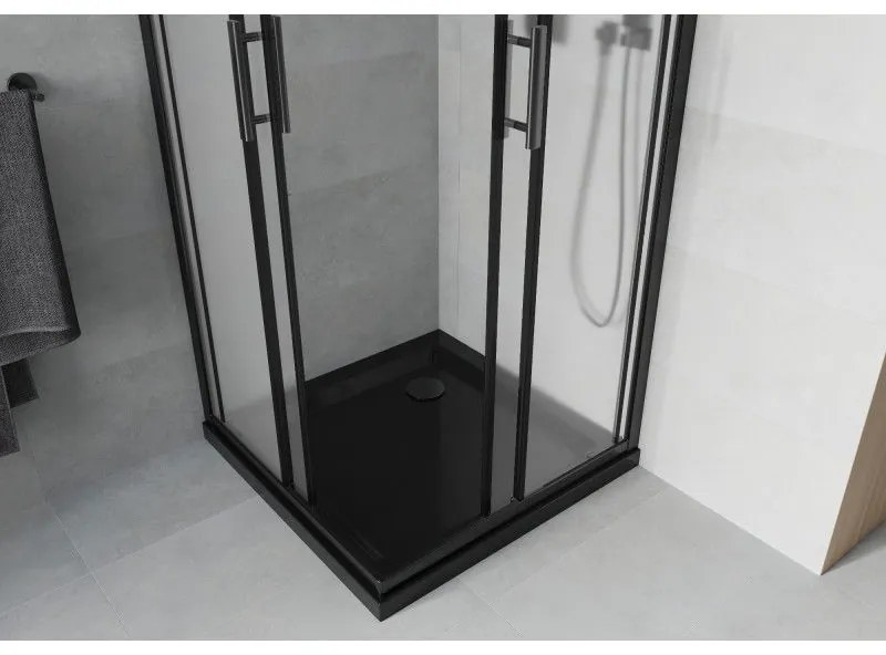 Mexen Rio, čtvercový sprchový kout 80(dveře)x80(dveře)x190 cm, 5mm sklo námraza, černý profil + černá sprchová vanička SLIM, 860-080-080-70-30-4070B