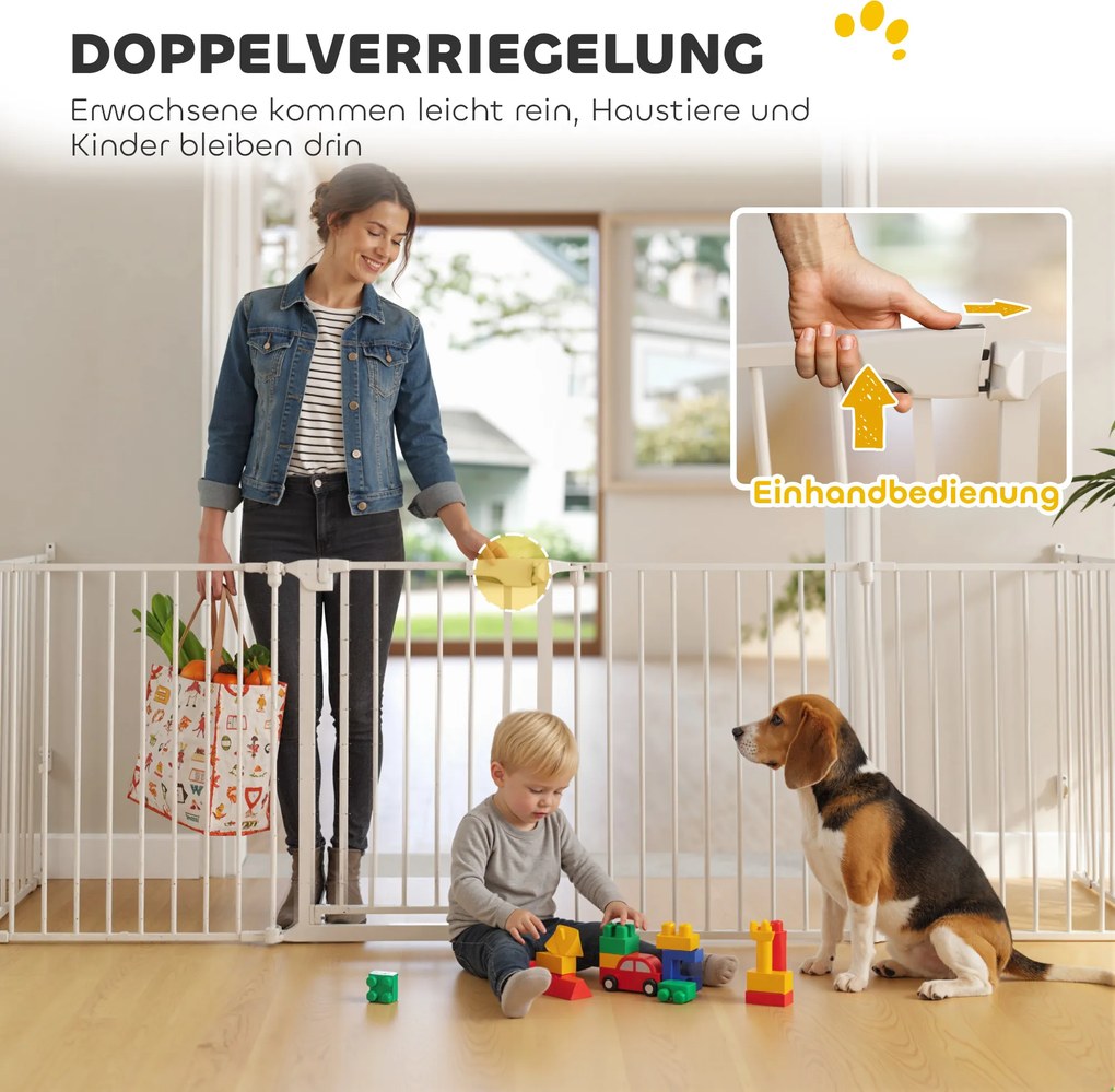 Ohradník pro domácí mazlíčky, 6dílná zábrana s dvířky, skládací, pro malé a středně velké psy, plast, uhlíková ocel, bílá barva