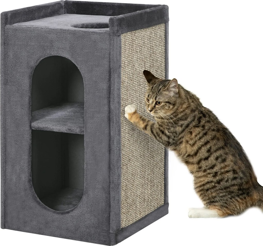 PawHut Škrabací Sloup, Výška 81 cm, Kočičí Škrabací Strom s 2 Jeskyněmi, Škrabací Věž se Škrabacím Plošinou, Kočičí Věž se 2 Úrovněmi, Kočičí Barell p