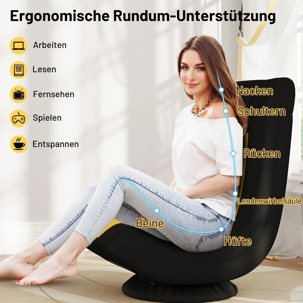 Costway Otočné křeslo na zem s nastavitelným opěradlem, žluté