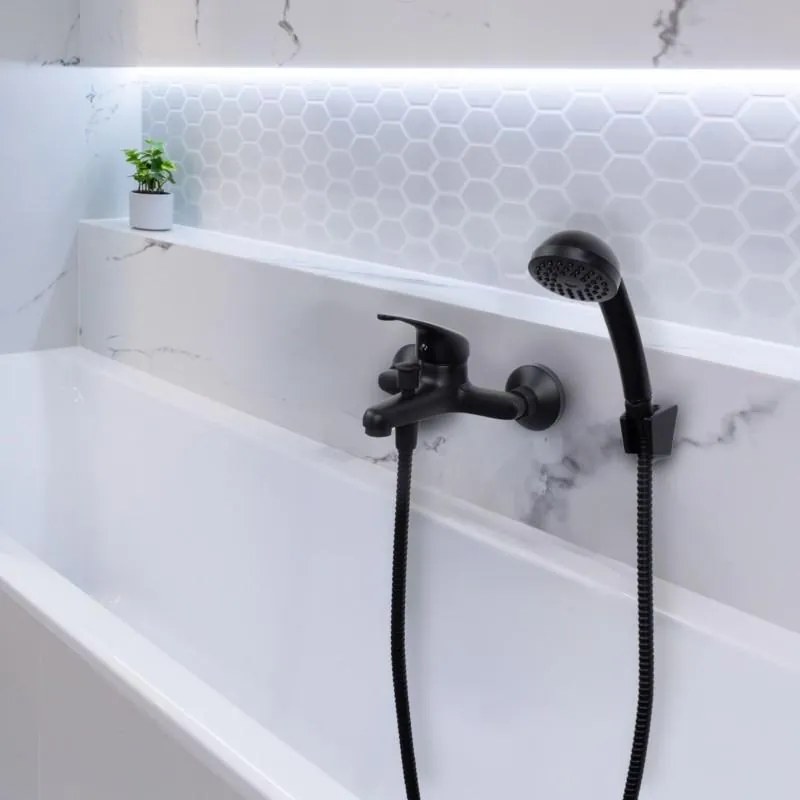 Erga Lati, nástěnná vanová baterie s ruční sprchovou soupravou, černá matná, ERG-YKA-BW.LATI-BLK