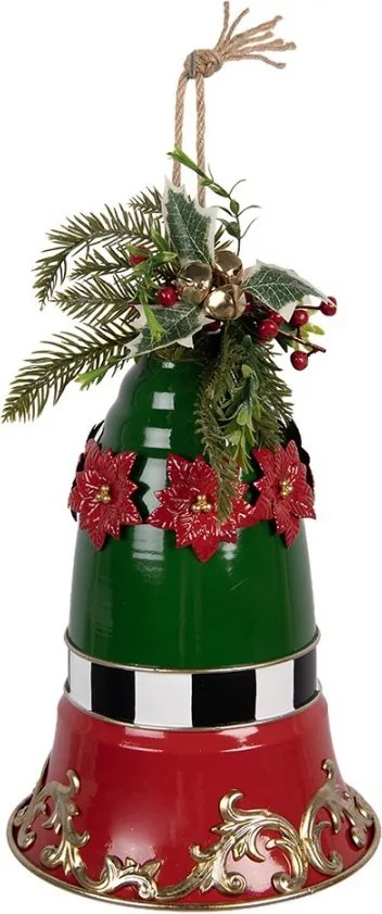 Kouzelný červeno-zelený kovový vánoční zvonek s cesmínou - Ø 24*36 cm