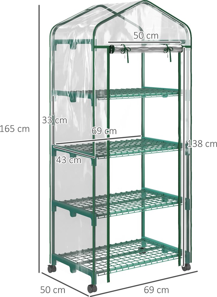 Fóliový skleník Outsunny s rolí, skleník se 4 policemi, fóliový skleník s ocelovým rámem, pro zahradu, balkon 69 x 50 x 165 cm, zelený