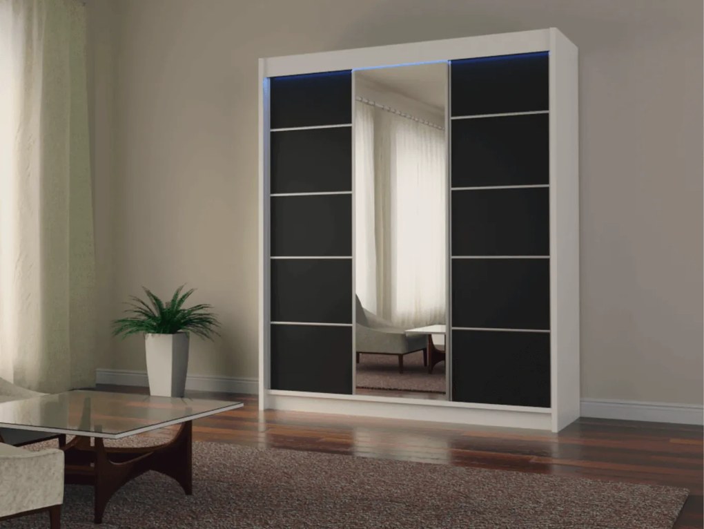 Moderní zrcadlová šatní skříň 180 cm Elena Barva: Černá / Bílá