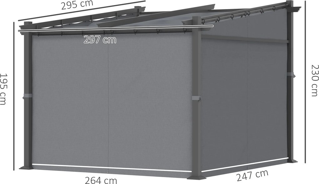 Outsunny pergola 2,97 x 2,95 m, voděodolný pavilon se sluneční stříškou, boční panely, kryt terasy, polyester, tmavě šedá | Aosom