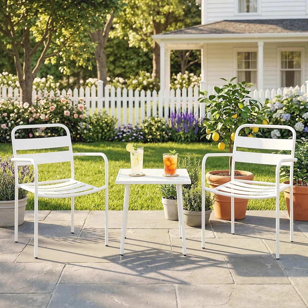 Outsunny Bistro set 3dílná sada kovového zahradního nábytku se 2 zahradními židlemi, skleněný stůl, lamelový design, odolný proti korozi