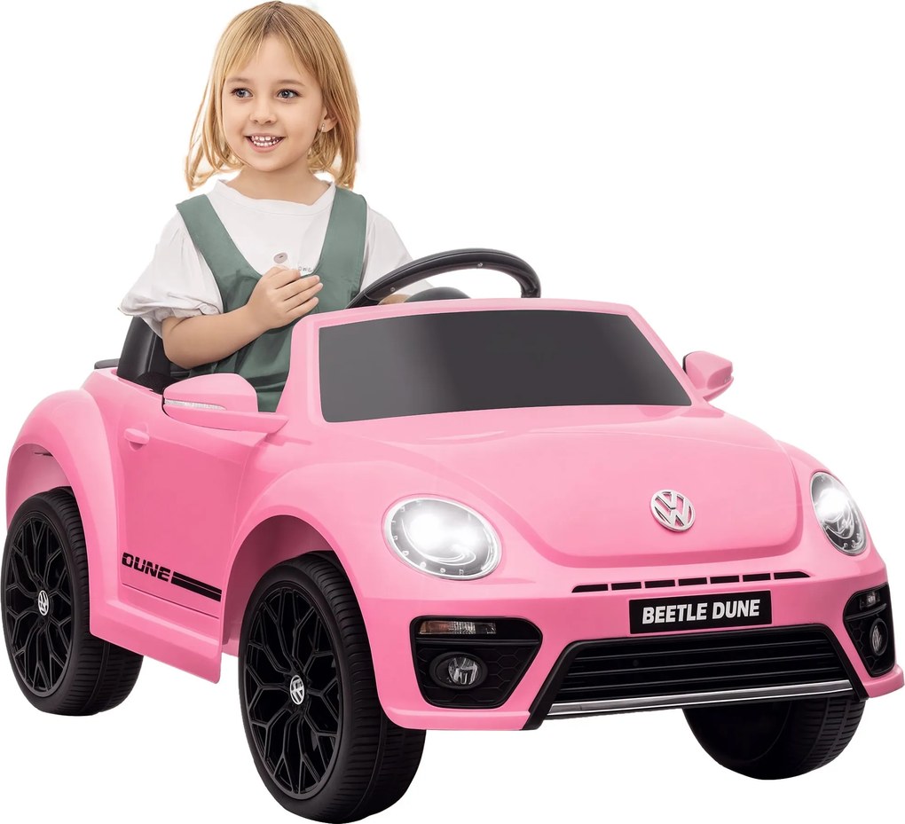 Dětské elektrické auto AIYAPLAY 12V Volkswagen Beetle s dálkovým ovládáním 2.4G, hudbou, klaksonem, elektrické vozidlo s LED světly, USB/MP3 připojení