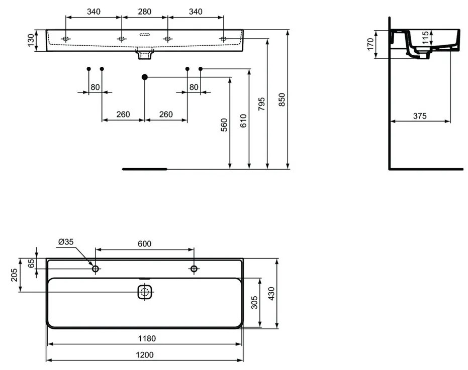 Ideal Standard Strada II - Umyvadlo 1200 mm (glazovaná spodní hrana), 2 otvory, Bílá, T359501