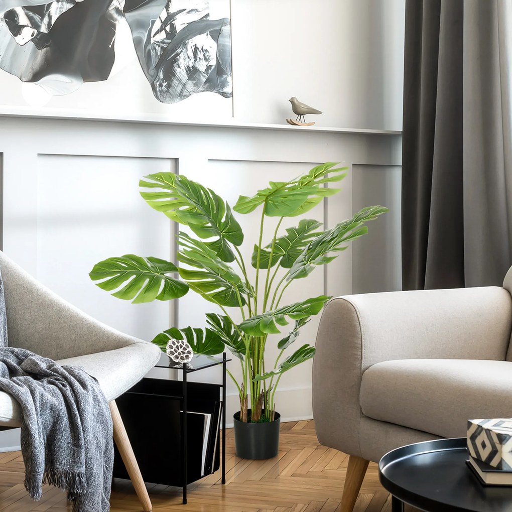 HOMCOM Umělá rostlina Monstera 120cm s květináčem a PE mechem, klamně skutečná pro obývací pokoj a dekorace v zelené barvě