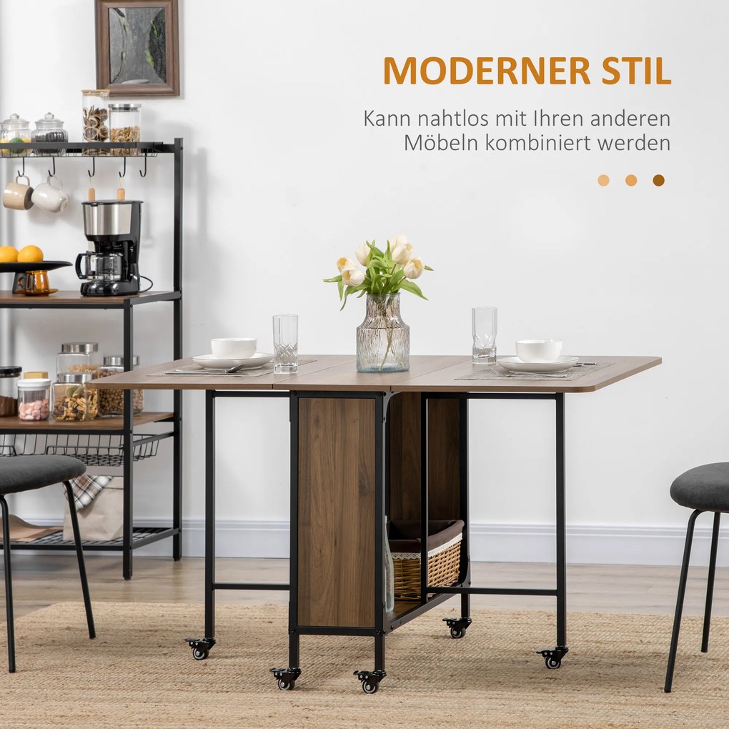 Jídelní stůl HOMCOM skládací pojízdný pro 6 osob, úložný prostor pro malé místnosti, do 50kg, 130x80x74cm, světle hnědý