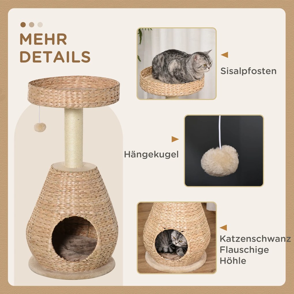 PawHut Kočičí strom s škrabadlem, nábytek pro koťata, s kočičí jeskyní, kuličkovým hračkem, sisal, měkký plush, výška 82,5 cm, žlutý