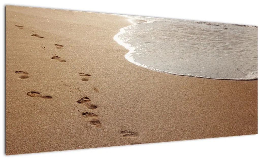 Obraz - stopy v písku a moře (100x40 cm), 40 dalších rozměrů